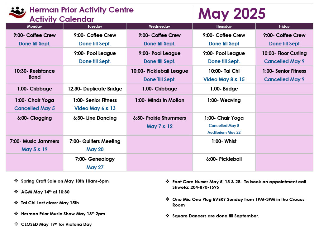 Activity Calendar – Herman Prior Activity Centre