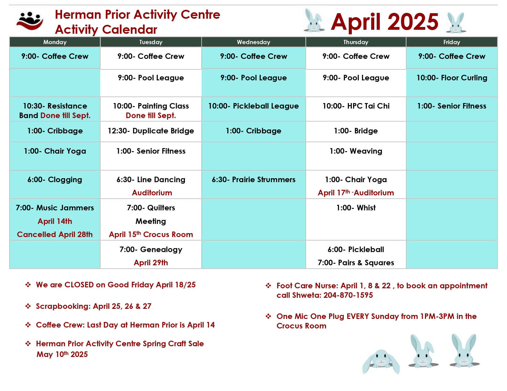 Activity Calendar – Herman Prior Activity Centre