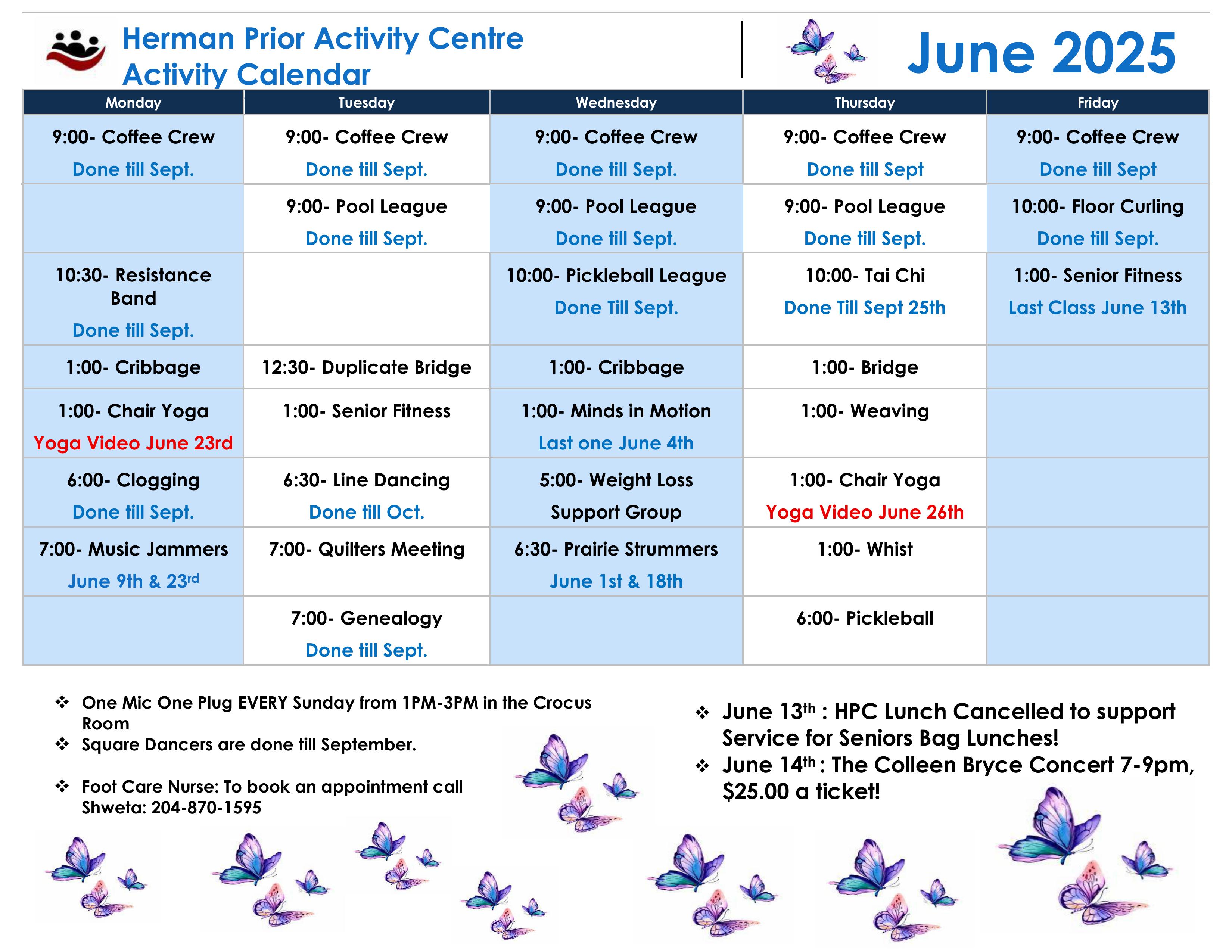 Activity Calendar – Herman Prior Activity Centre